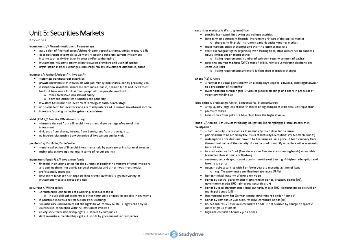 EBC 2 Unit 5 - EBC 2 Unit 5 - Unit 5: Securities Markets Keywords ...