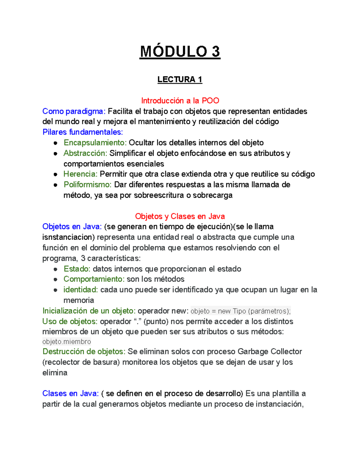 POO Resumen M3 M4 - ................ - MÓDULO 3 LECTURA 1 Introducción a la POO Como paradigma ...