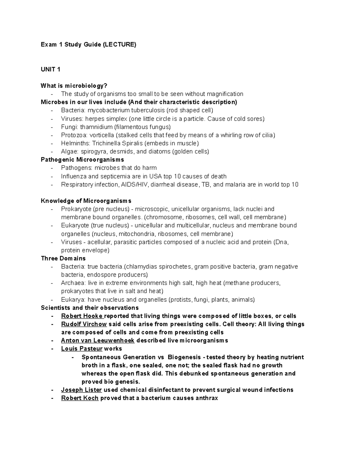 Microooooo - notes for lecture - Exam 1 Study Guide (LECTURE) UNIT 1 ...