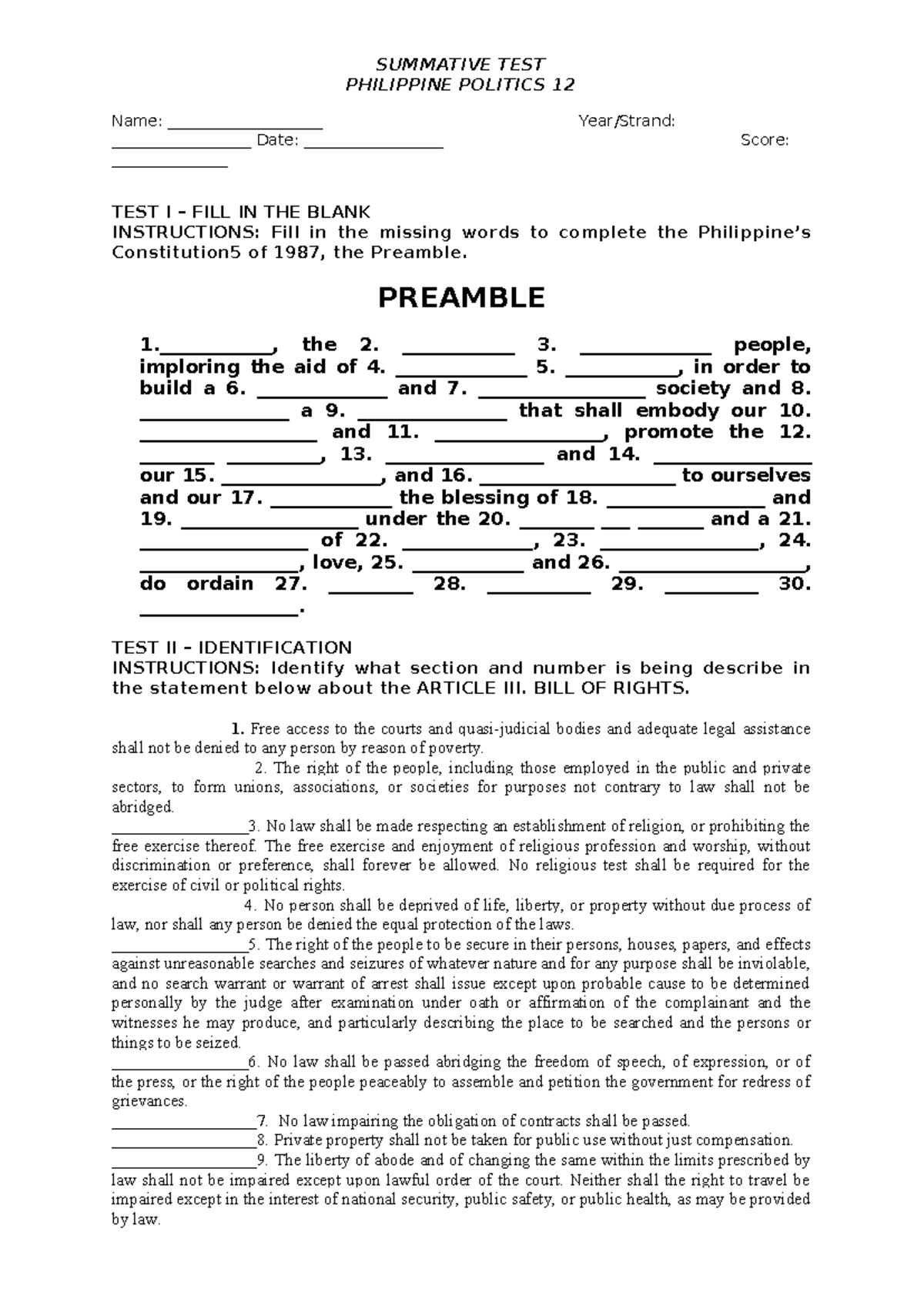 Summative Politics - Short manual - SUMMATIVE TEST PHILIPPINE POLITICS ...