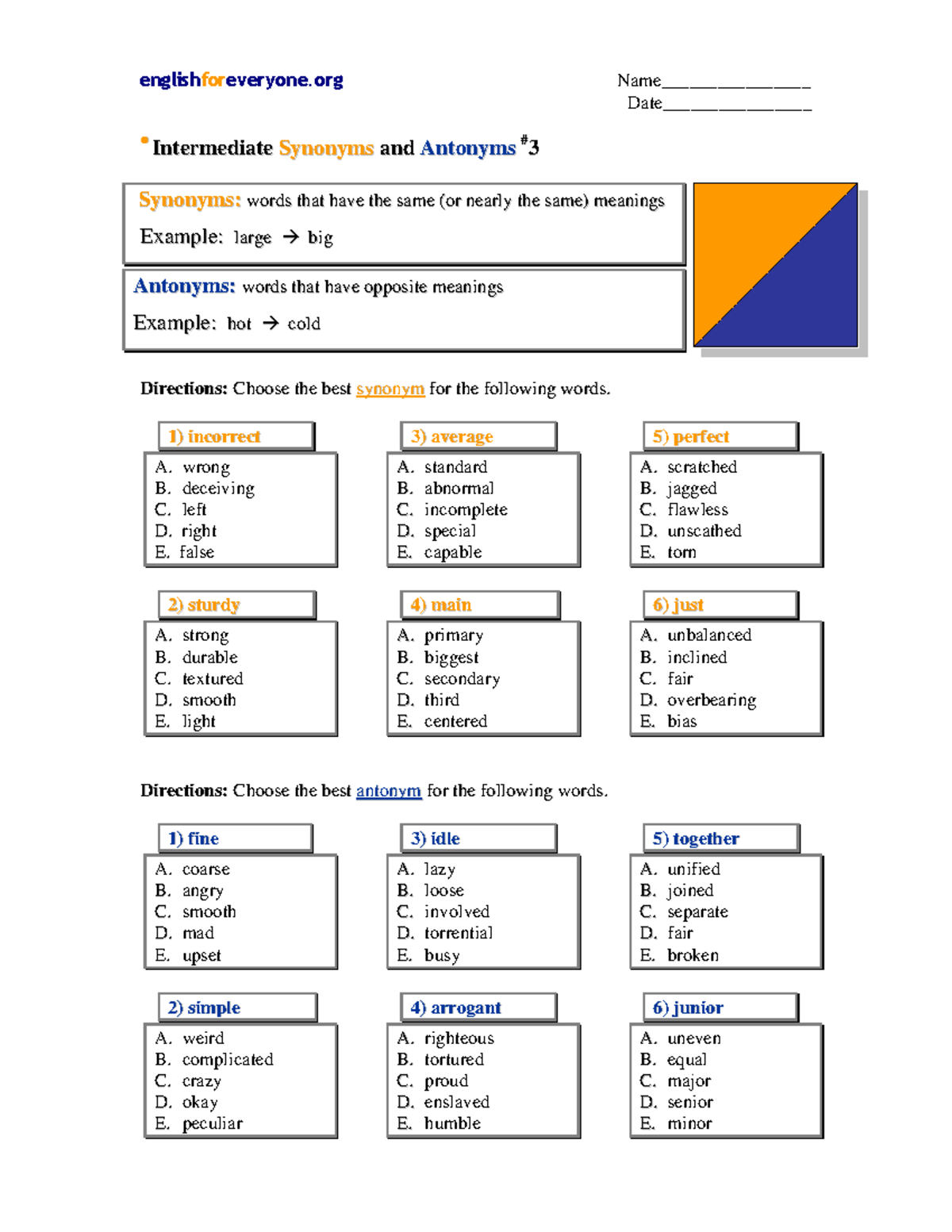 Intermediate Synonyms and Antonyms 3 - englishforeveryone Name ...