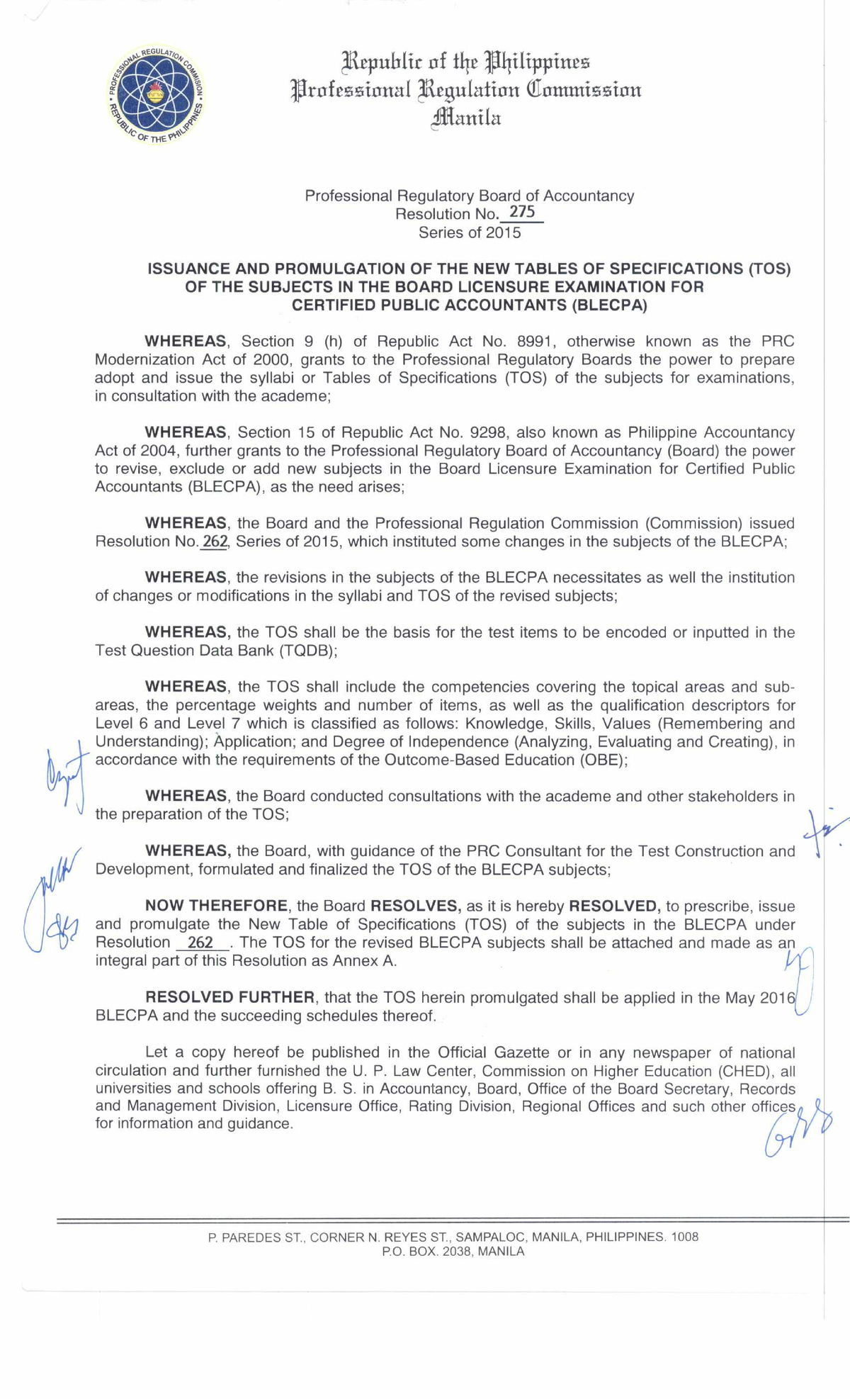 PRC BOA Table of Specifications for the Board Exam - Accounting ...