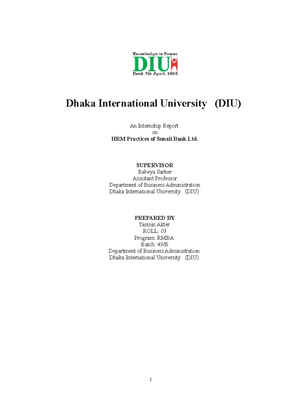 Internship final report - 1 Dhaka International University (DIU) An ...