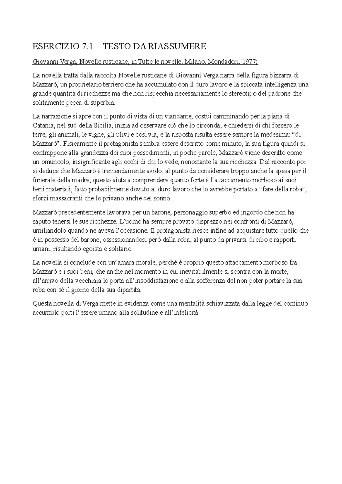 Es 7 - esercizio 7 - ESERCIZIO 7 – TESTO DA RIASSUMERE Giovanni Verga ...
