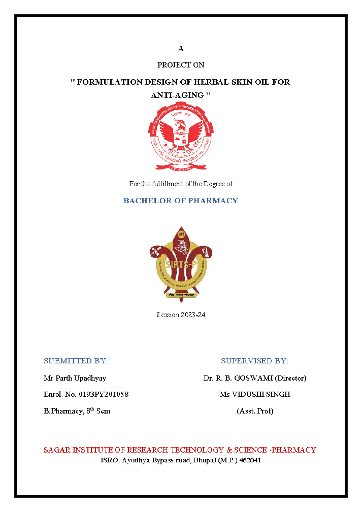 Parth upadhyay Front page project - A PROJECT ON " FORMULATION DESIGN ...