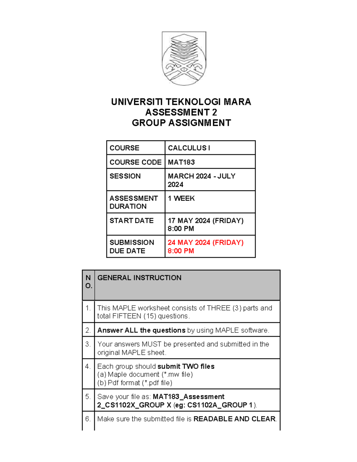 MAT183 Assessment 2 - CS1101X - Groupx - UNIVERSITI TEKNOLOGI MARA ASSESSMENT 2 GROUP ASSIGNMENT ...