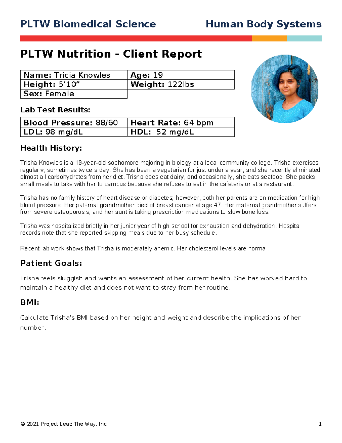HBS 325 Resource Sheet Trisha Knowles - PLTW Nutrition - Client Report ...