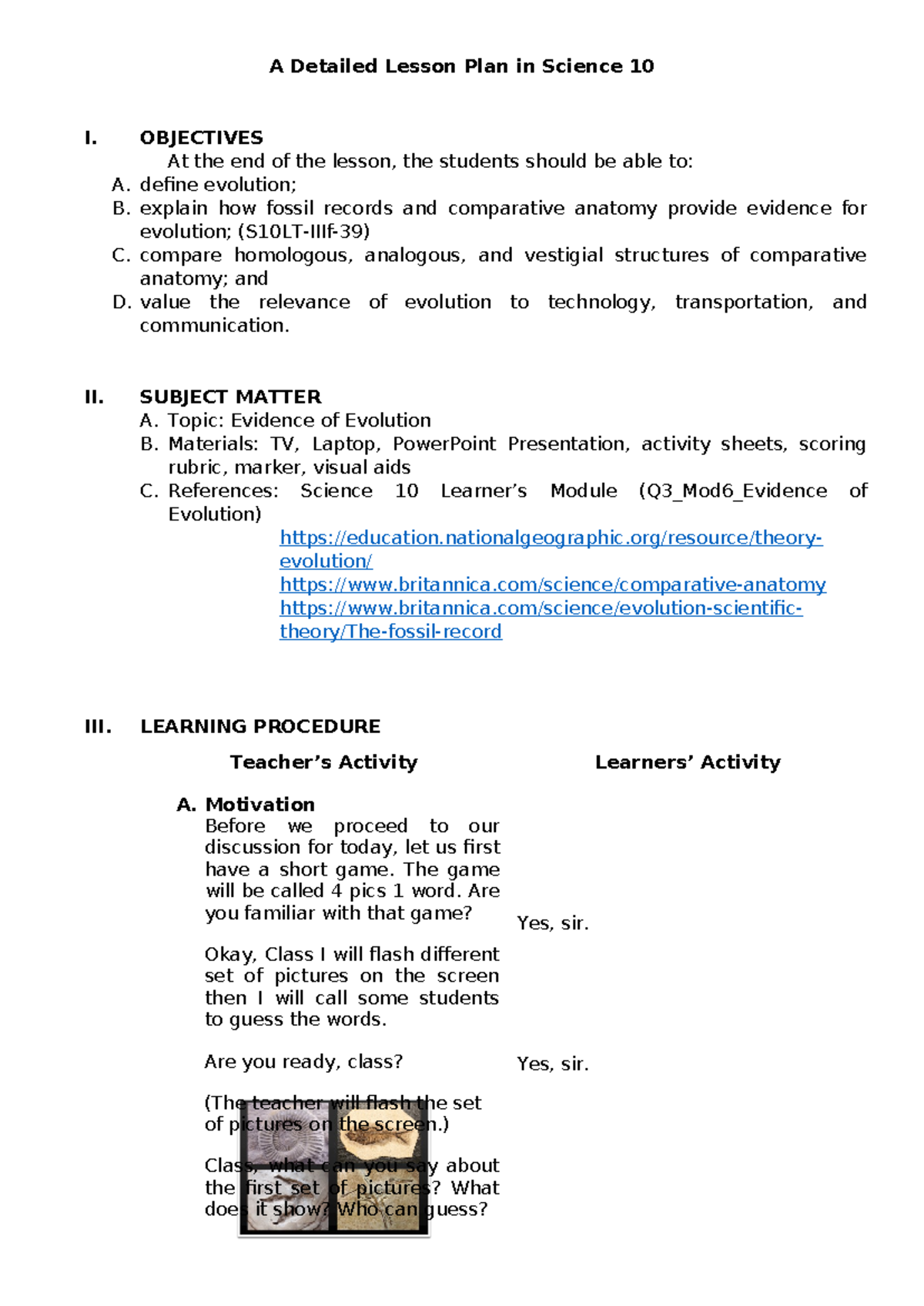 A Detailed Lesson Plan in Science 10 - OBJECTIVES At the end of the ...