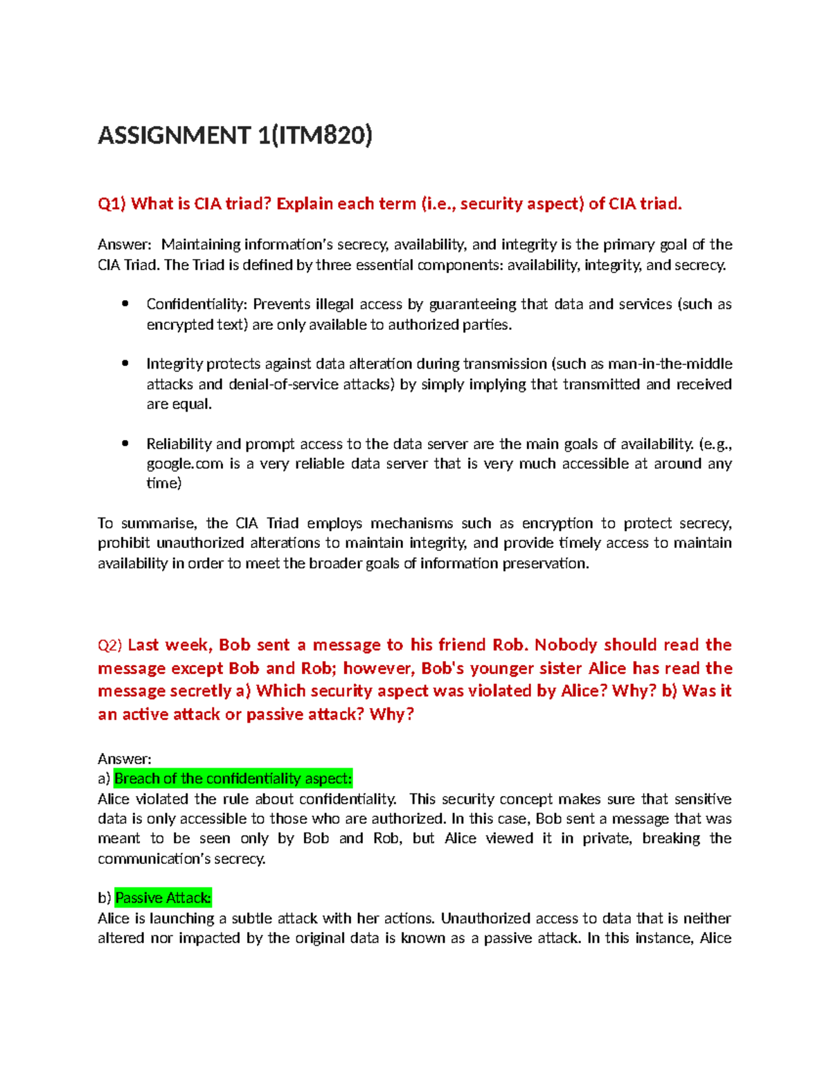 Itm820 Assignment 1 - Homework assign 1 itm 820 - ASSIGNMENT 1(ITM820) Q1) What is CIA triad ...