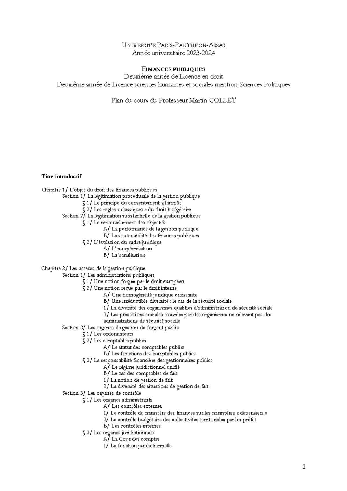 Collet - L2 - PLAN Finances publiques L2 (2023-2024) - U NIVERSITE ...