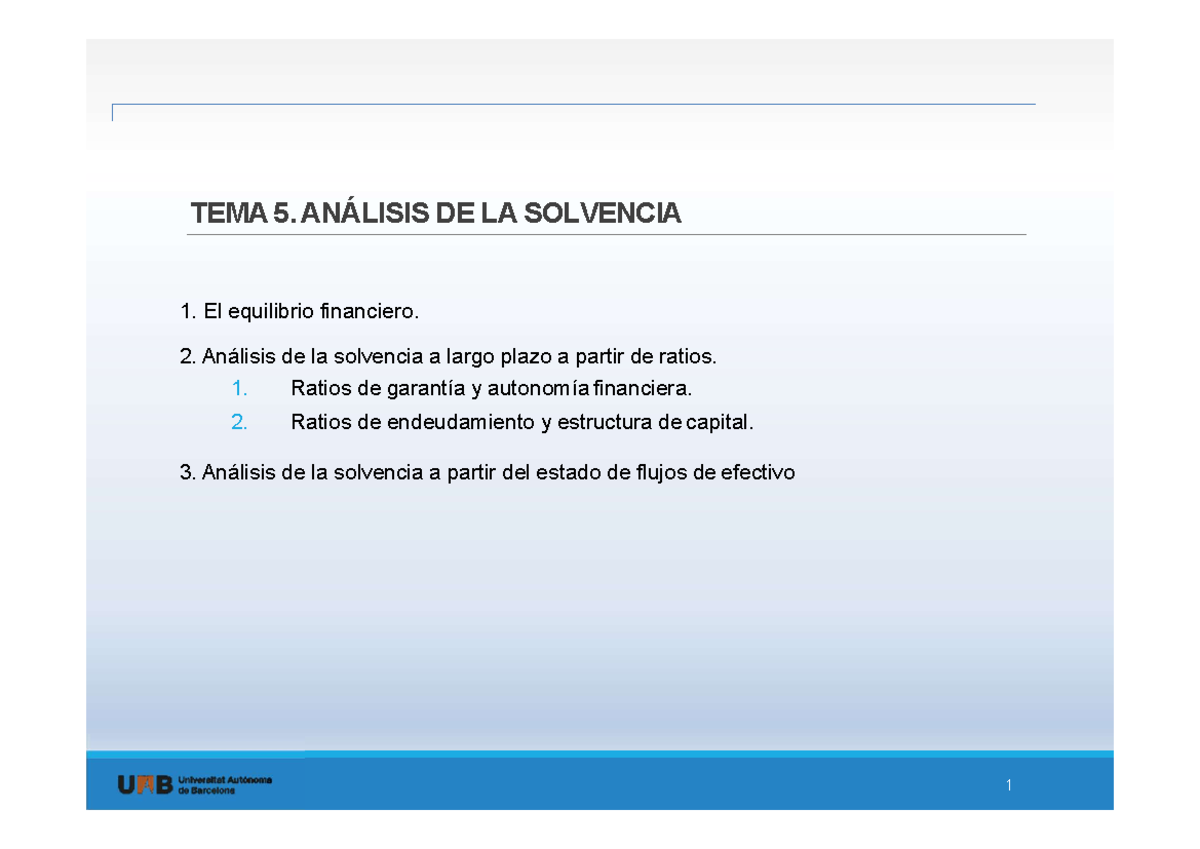 Tema 5 Análisis de la solvencia - TEMA5ÁLISIS DE LASOLVENCIA El ...
