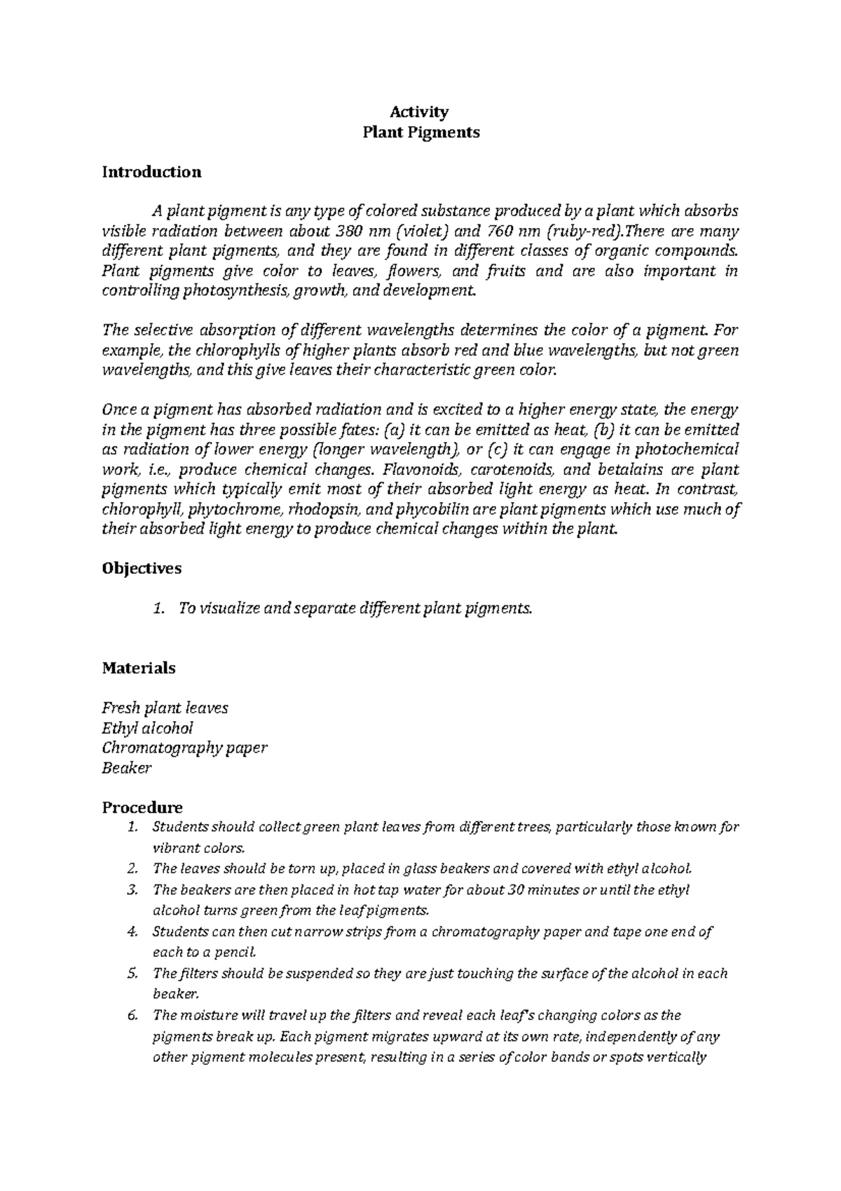 Plant Pigment Activity - Activity Plant Pigments Introduction A plant ...
