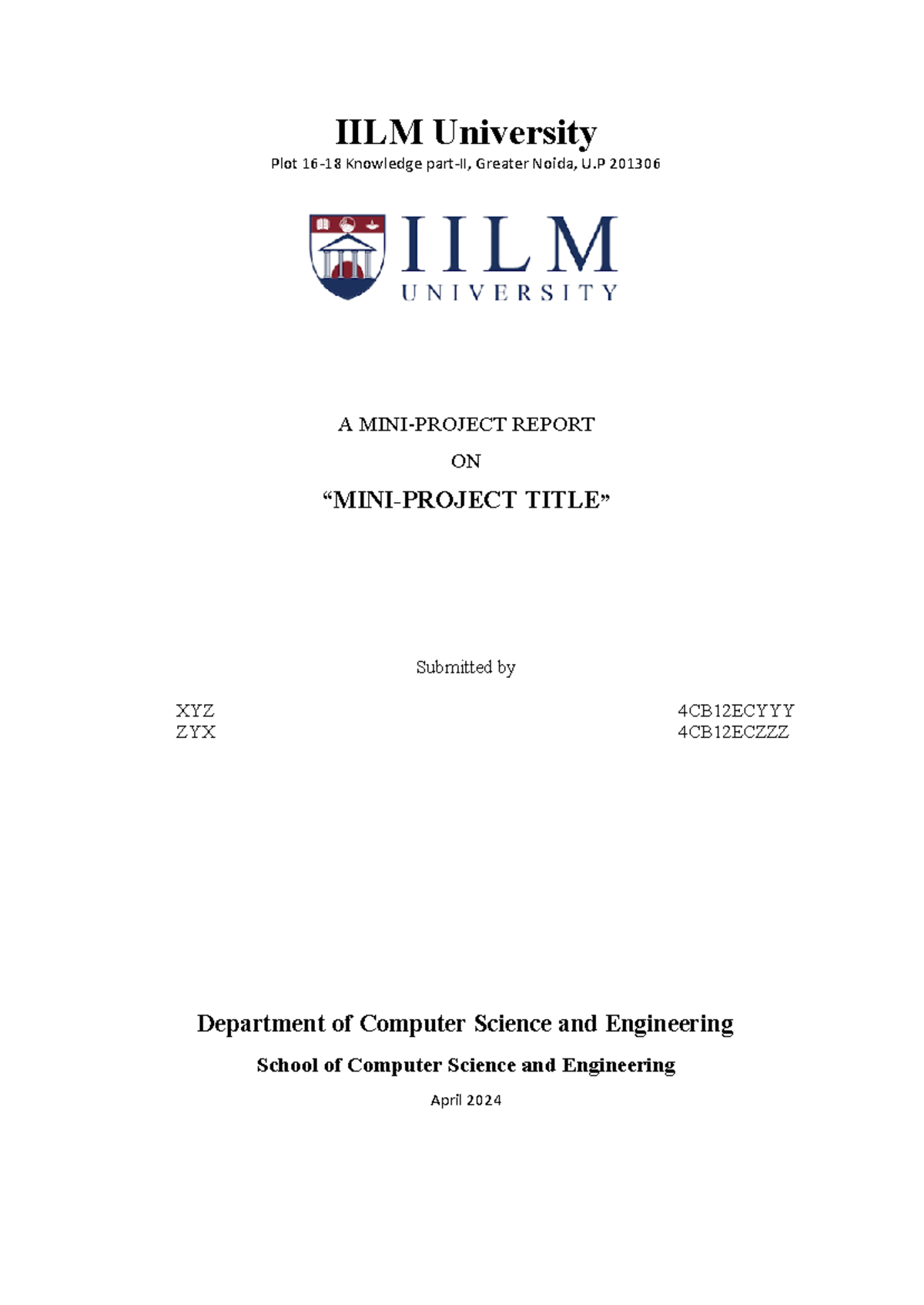 Mini project cover page - computer science - IILM University Plot 16-18 ...