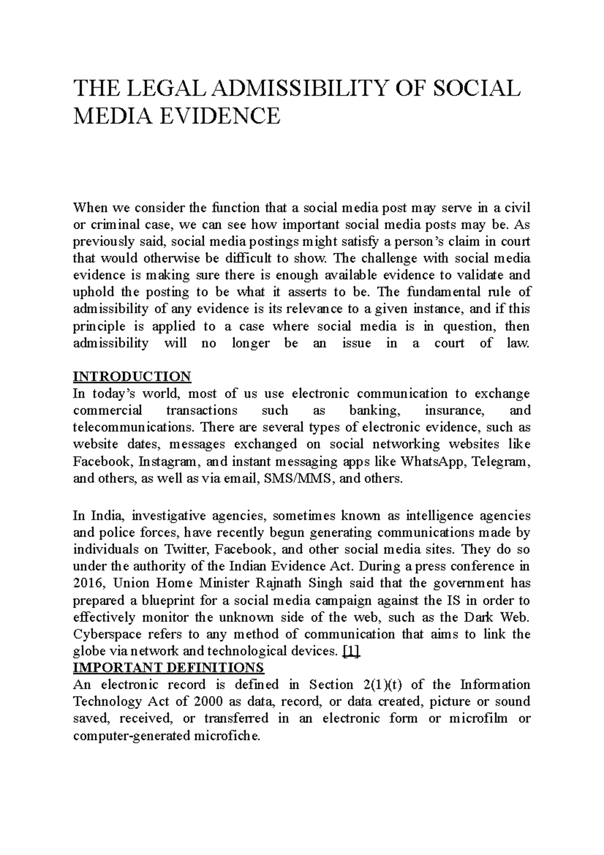 Social media - Important notes - THE LEGAL ADMISSIBILITY OF SOCIAL ...