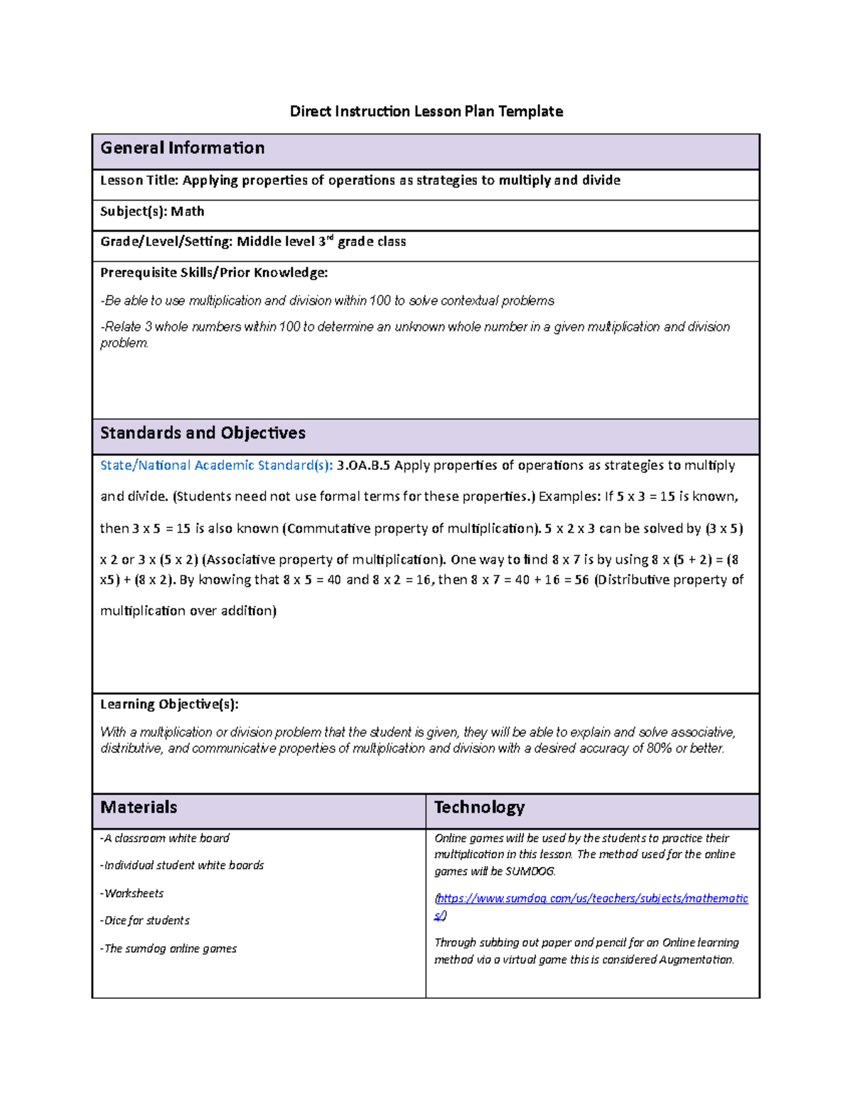 C381 lesson plan - Passed Assignment - Direct Instruction Lesson Plan ...
