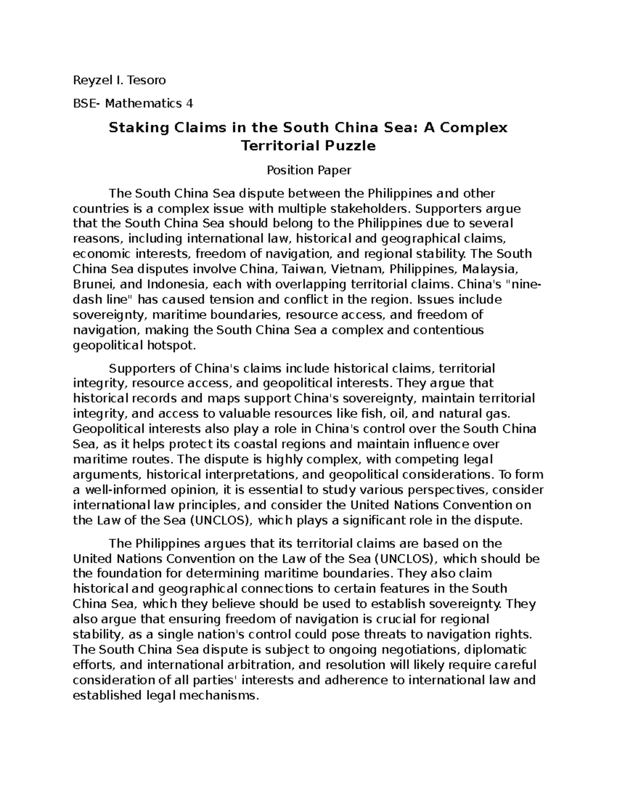 Position paper - The South China Sea Disputes - Reyzel I. Tesoro BSE ...