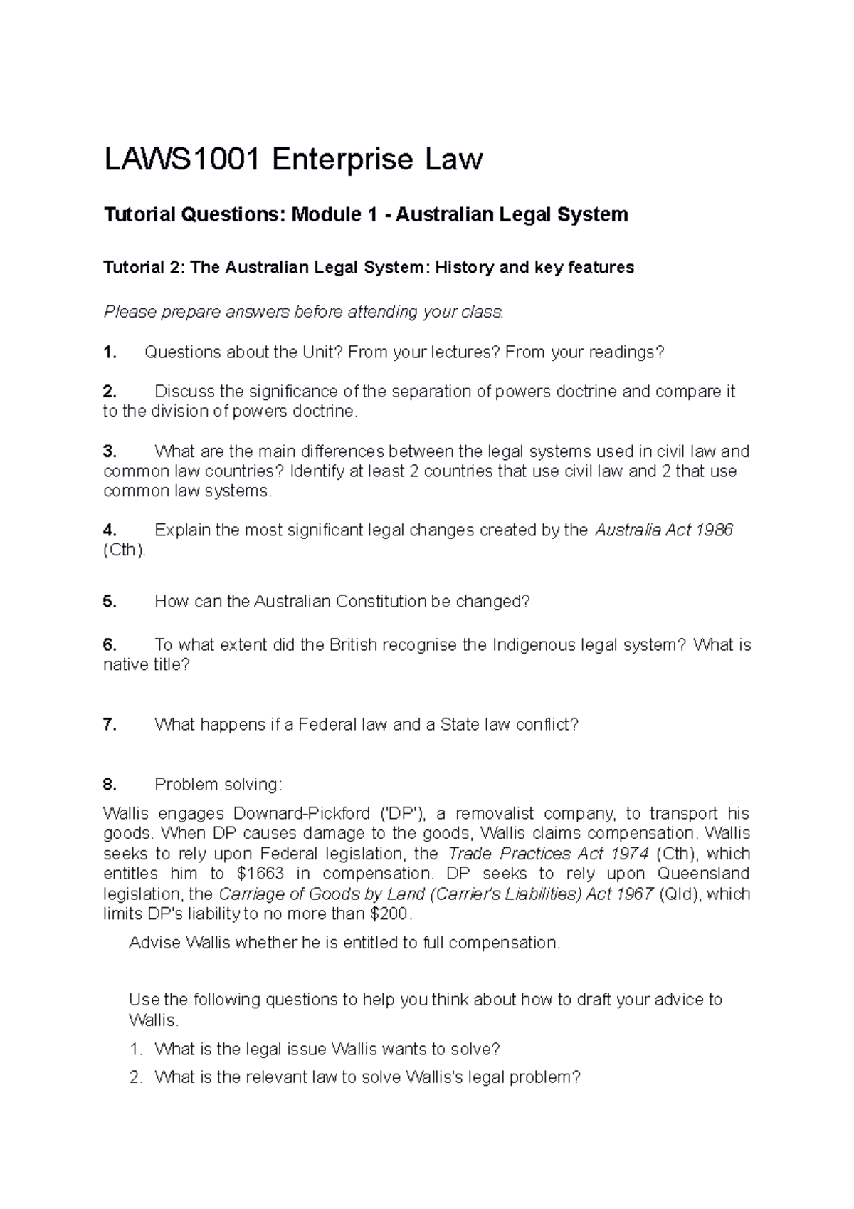 Week 2 lecture notes and questions - LAWS1001 Enterprise Law Tutorial ...