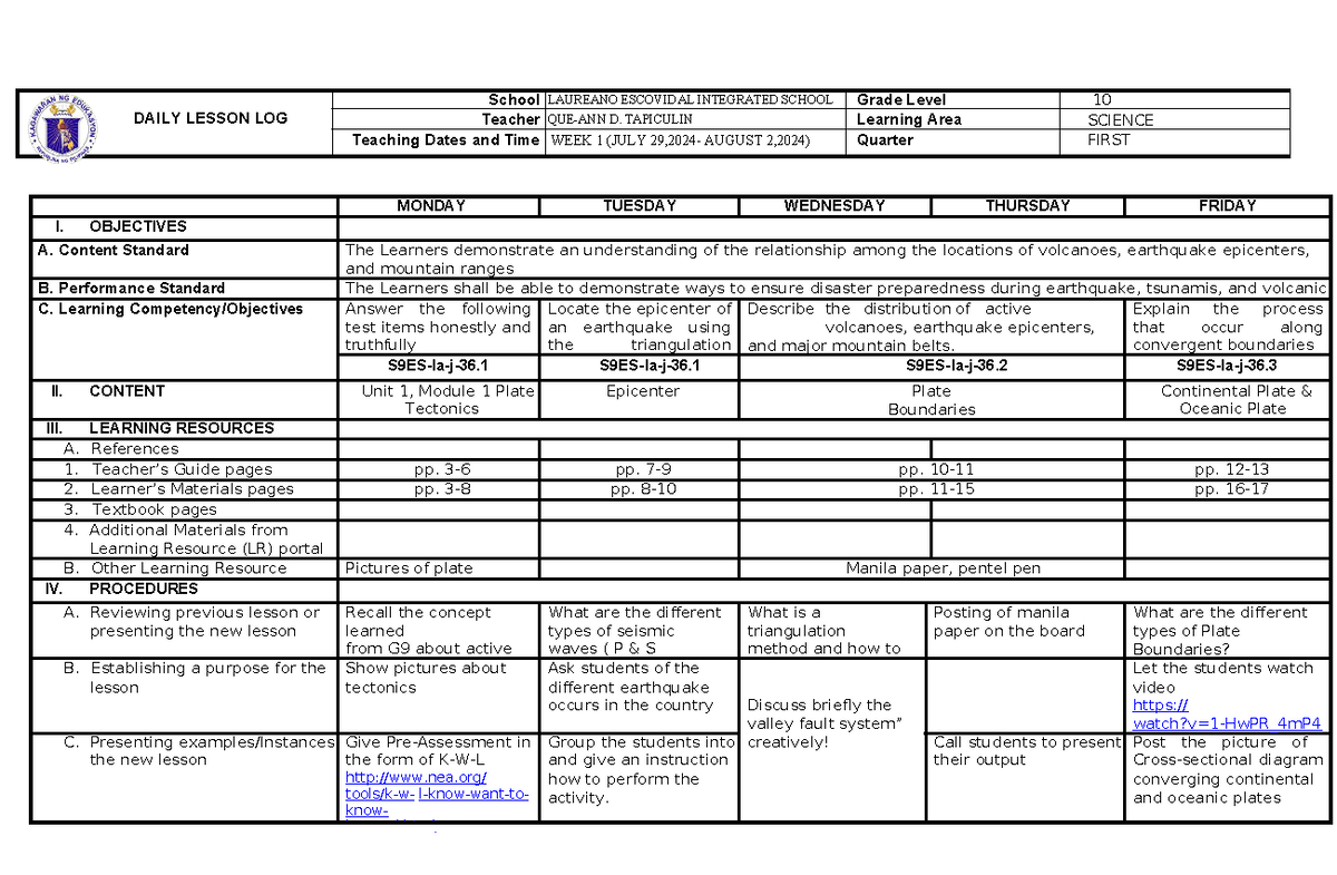 Grade 10 Daily Lesson LOG - DAILY LESSON LOG School LAUREANO ESCOVIDAL ...