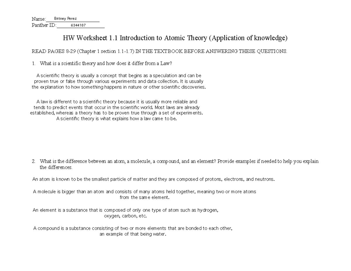 HW Worksheet 1.1 Introduction to Atomic Theory-1 - Name ...