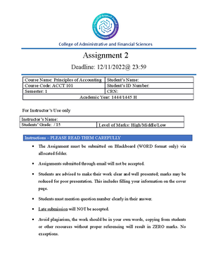 ACCT101 Assignment-1 - RRR - Assignment Question(s): (Marks 15 ...