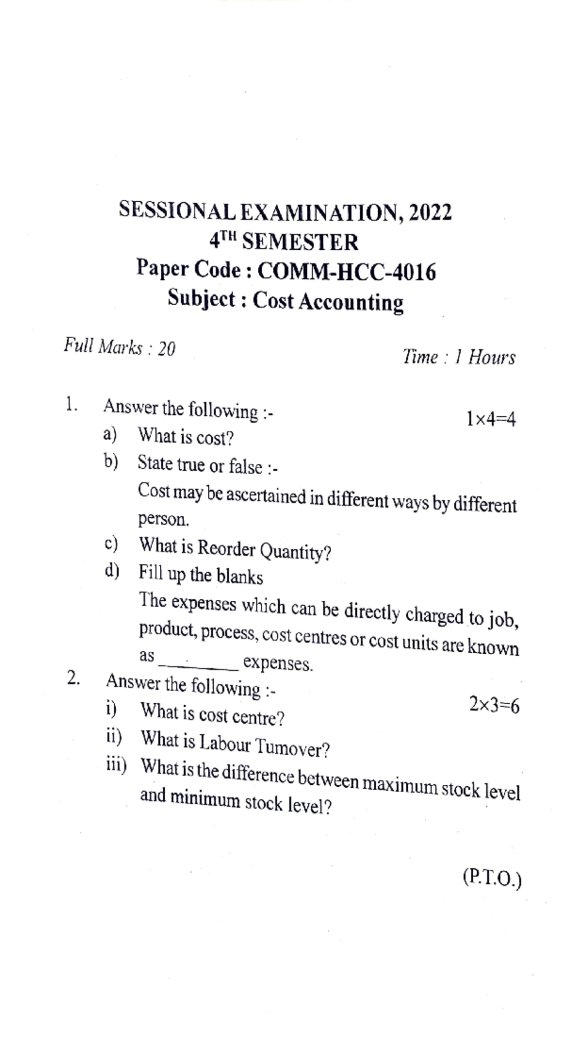 Cost Accounts Sessional - SESSIONAL EXAMINATION, 2022 4 TH SEMESTER ...