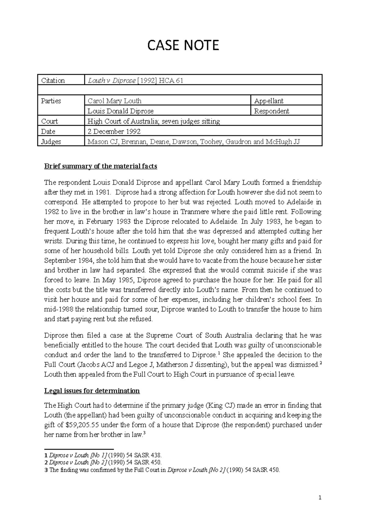 Case Note- Assessment 1b - CASE NOTE Citation Louth v Diprose [1992 ...