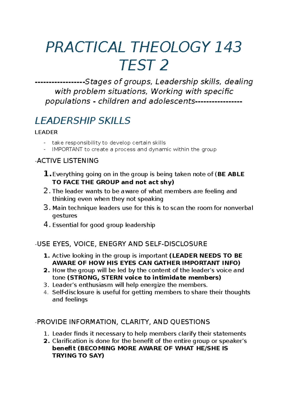 Practical Theology 143 TEST 2 - PRACTICAL THEOLOGY 143 TEST 2 -Stages ...
