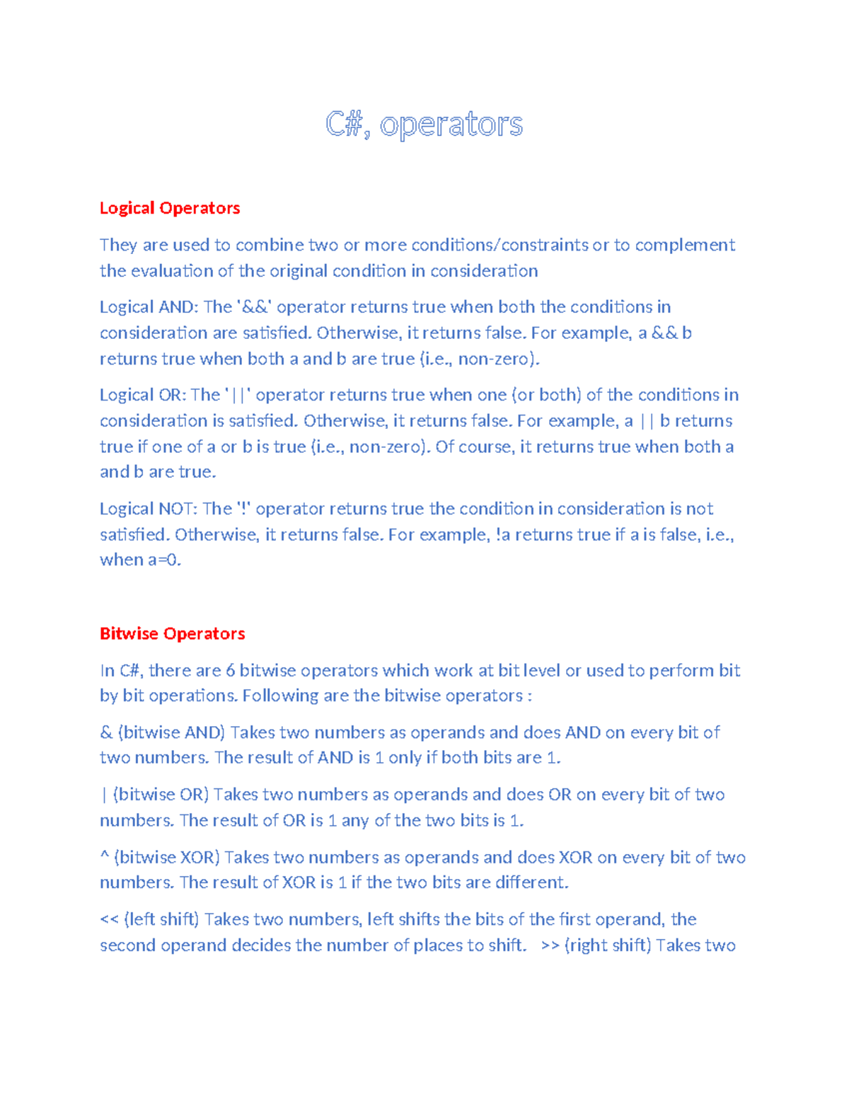 Assignment Task 3 - C#, operators Logical Operators They are used to ...