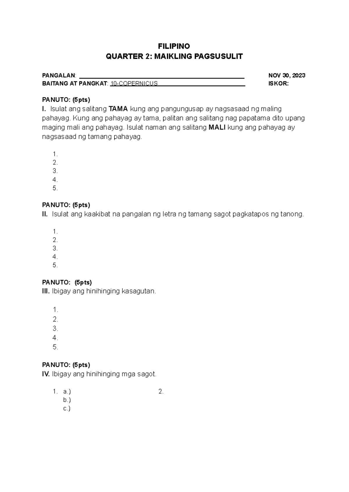 FIL Quarter 2 QUIZ 2 - FILIPINO QUARTER 2: MAIKLING PAGSUSULIT PANGALAN ...