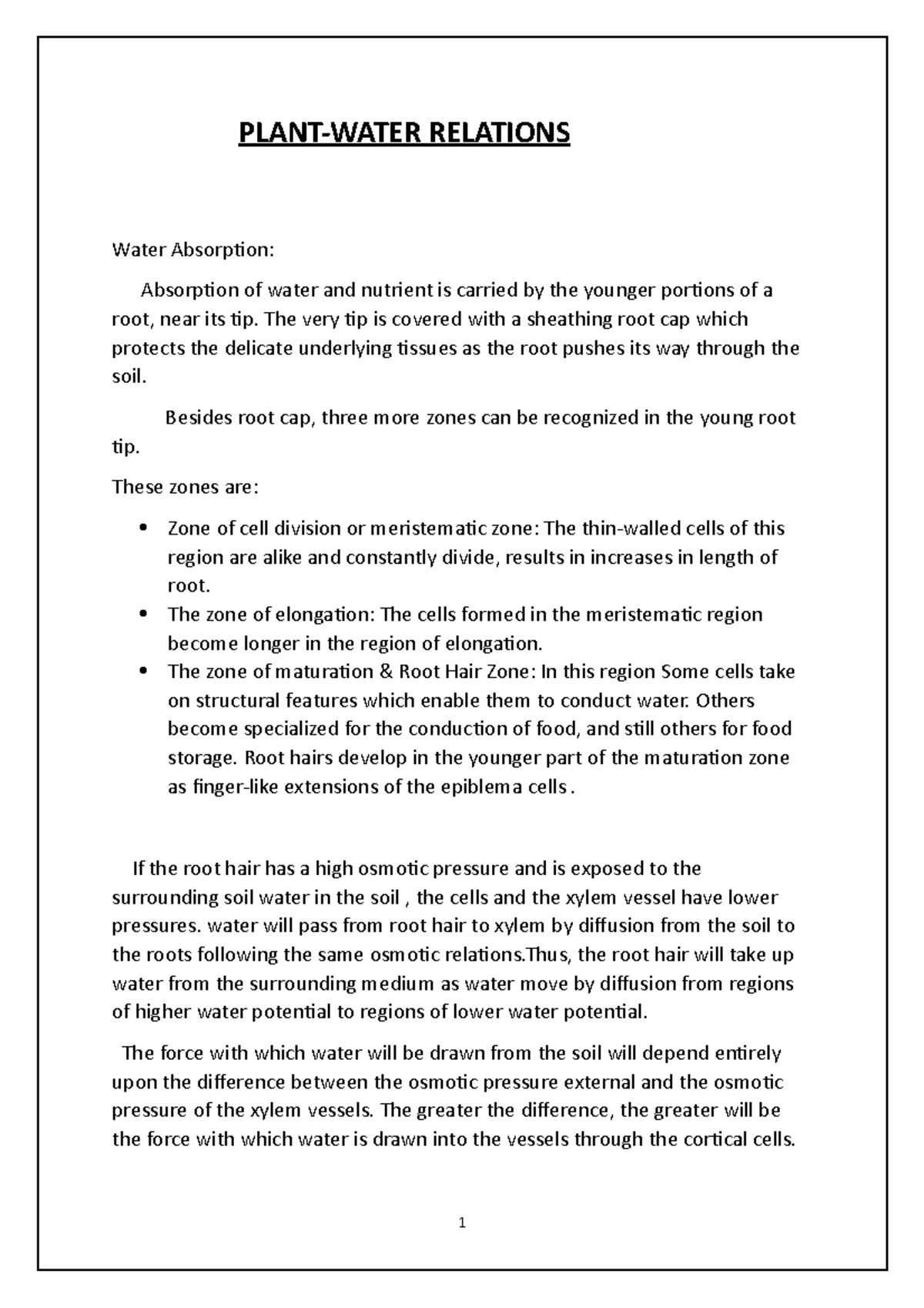 Plant Water Relationships - PLANT-WATER RELATIONS Water Absorption ...
