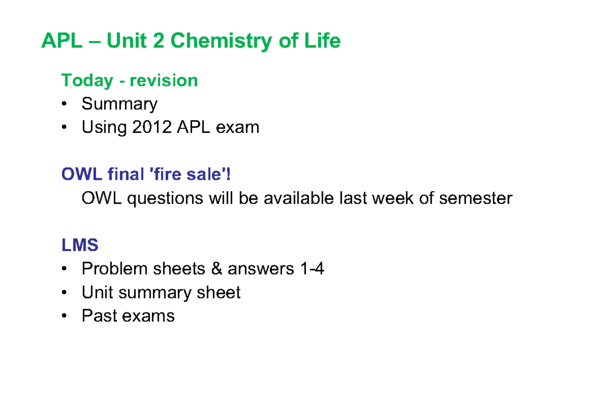 2022 CHE1APL Unit 2 Lecture 12 - APL – Unit 2 Chemistry of Life Today ...