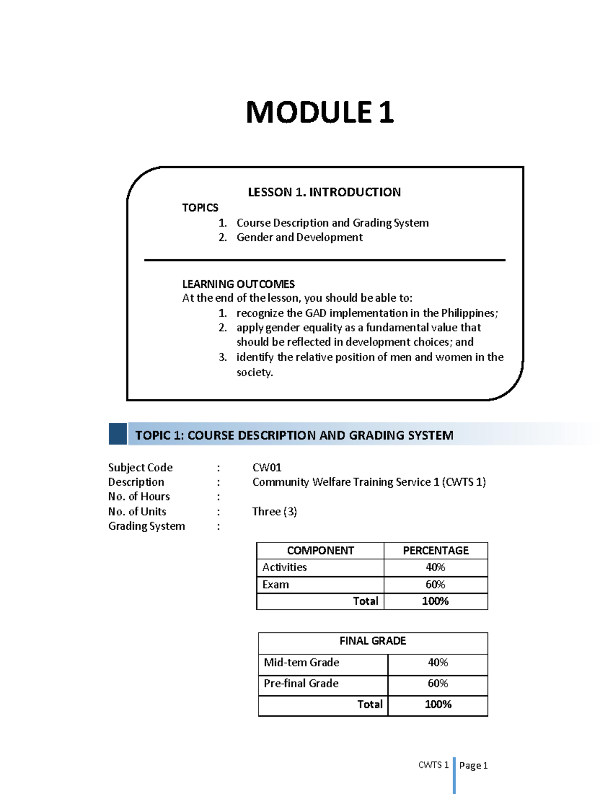 CWTS- Module- 1st semester A.Y 2022-2023 - MODULE 1 Subject Code : CW ...
