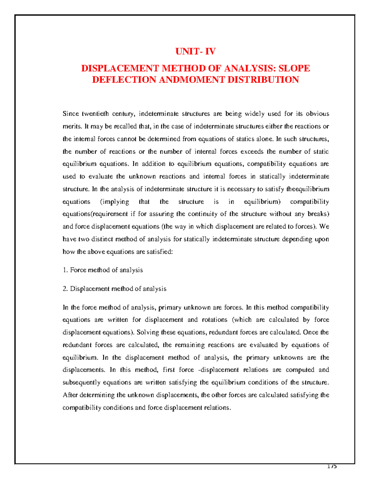 Displacement Method OF Analysis Slope - 175 UNIT- IV DISPLACEMENT ...