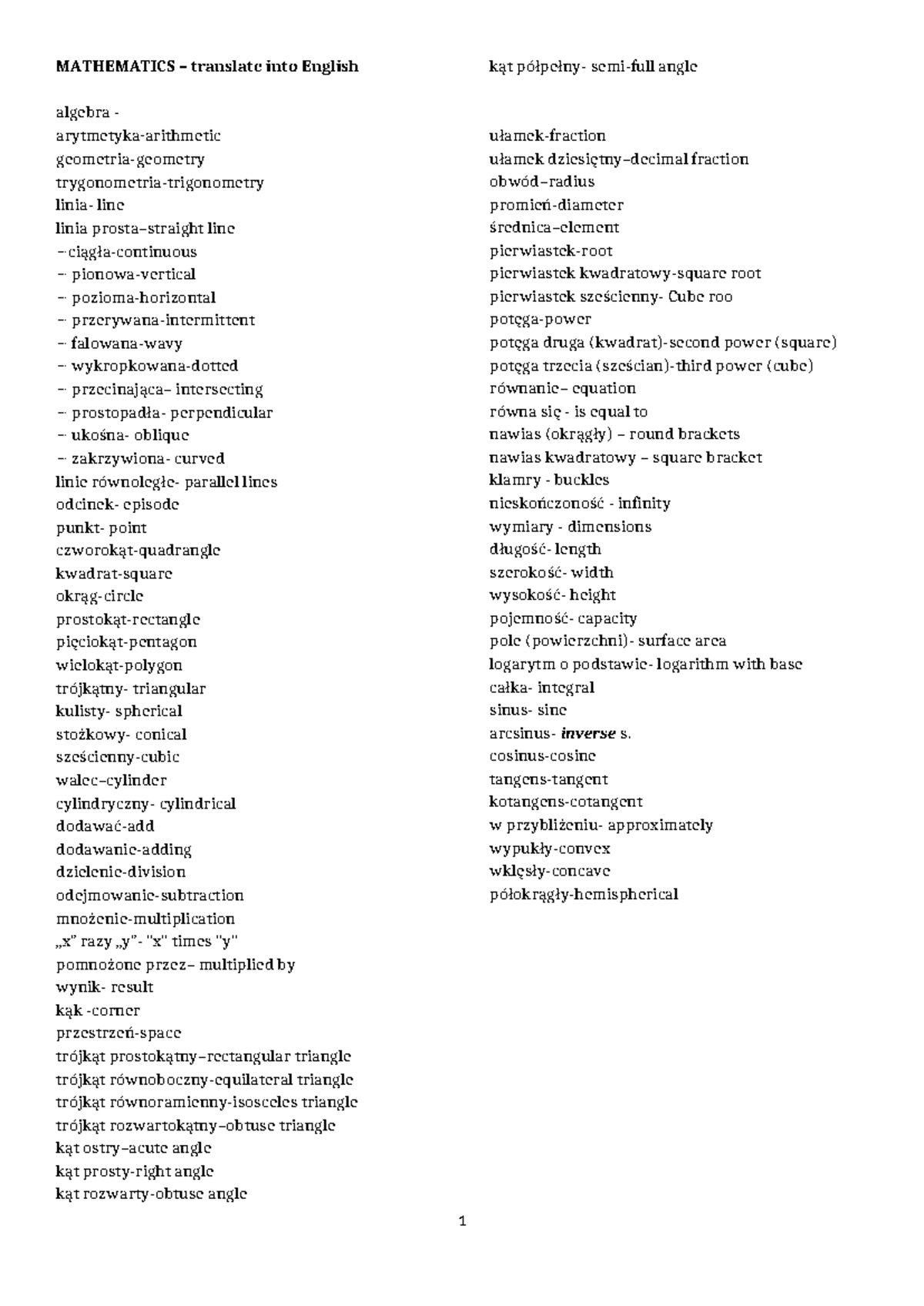 Mathematics basic vocab - MATHEMATICS – translate into English algebra ...