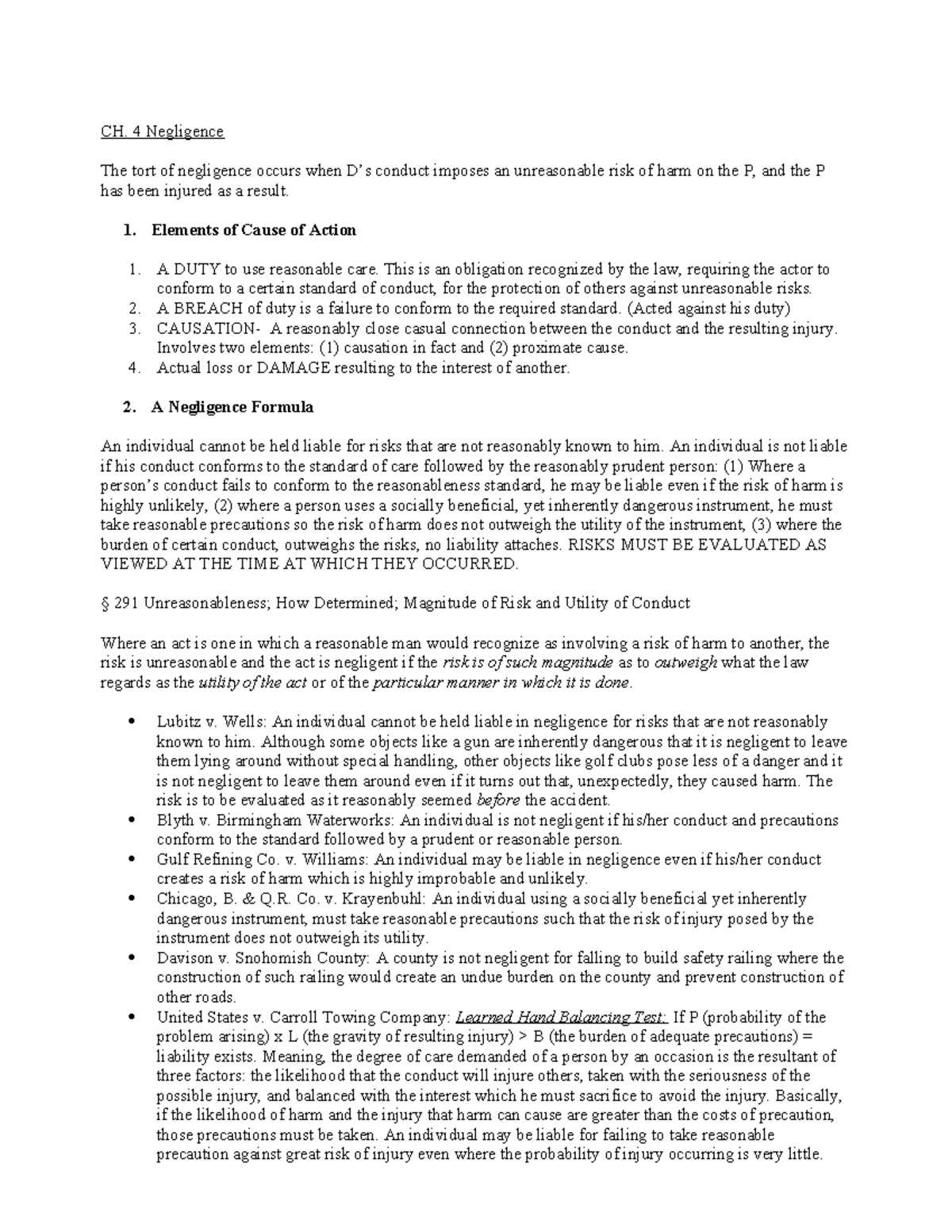 221242433 Torts Rule Statements - CH. 4 Negligence The tort of ...