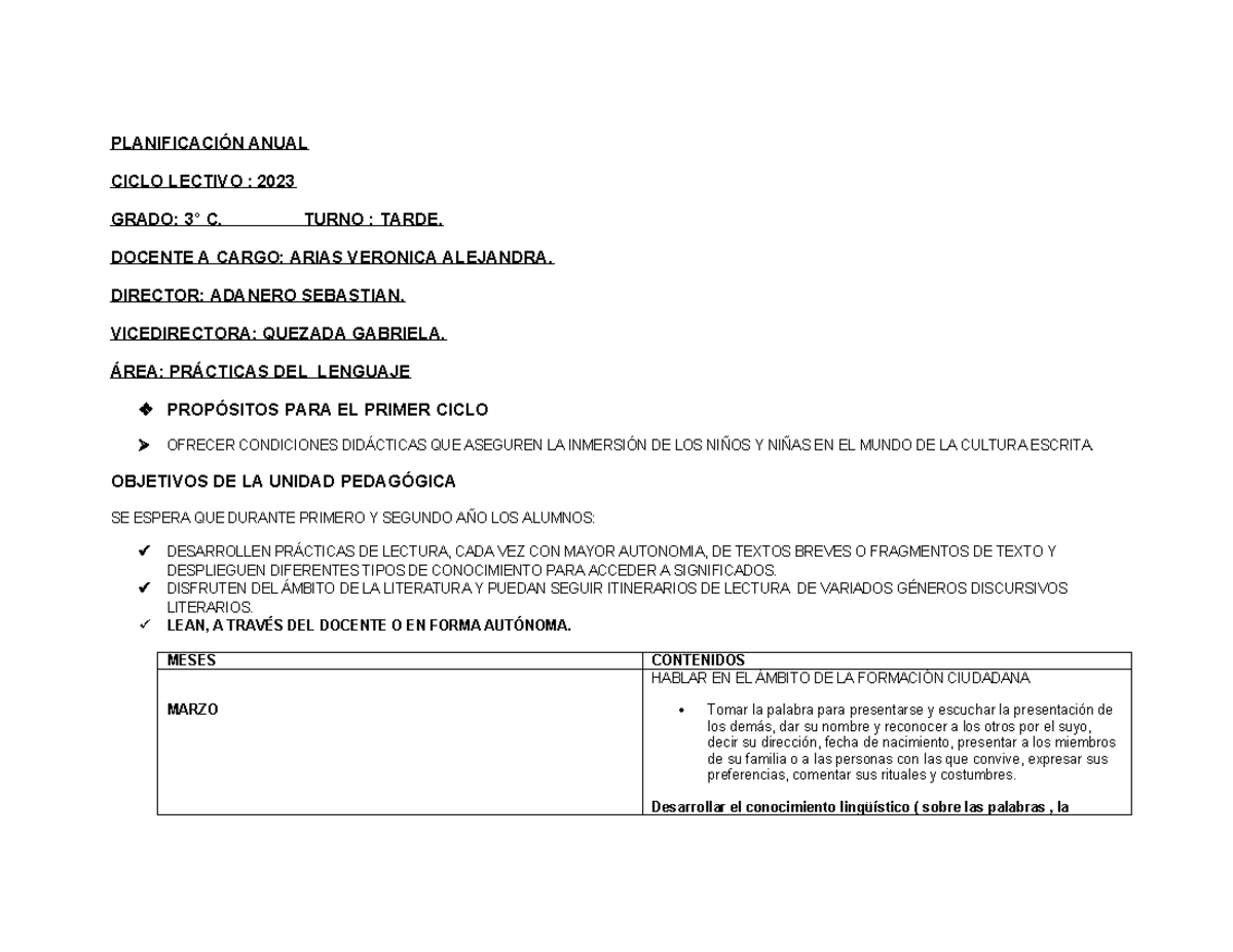Planificación Anual 3ro lengua - PLANIFICACIÓN ANUAL CICLO LECTIVO ...