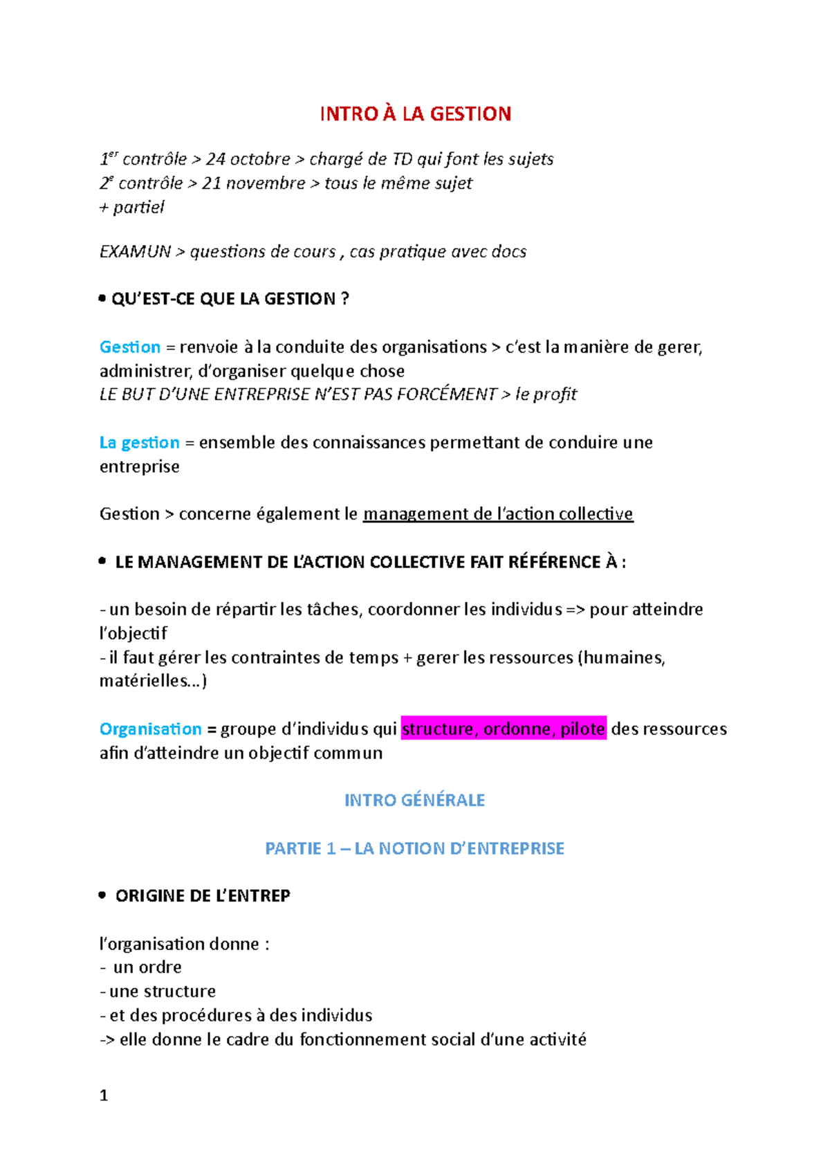 Introdution Générale - INTRODUCTION À LA GESTION - INTRO À LA GESTION 1 er contrôle > 24 octobre ...