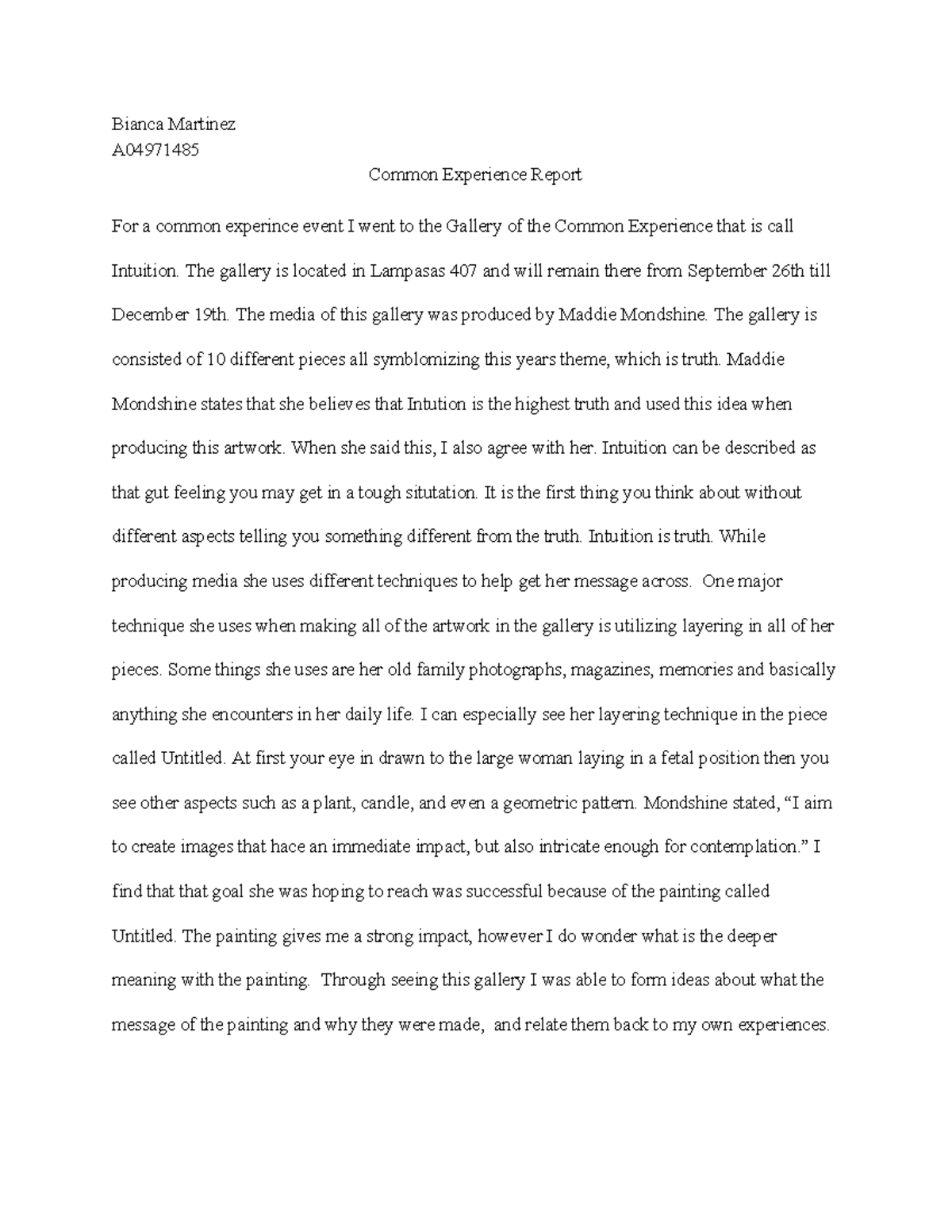 Common Experience Report - Bianca Martinez A Common Experience Report ...