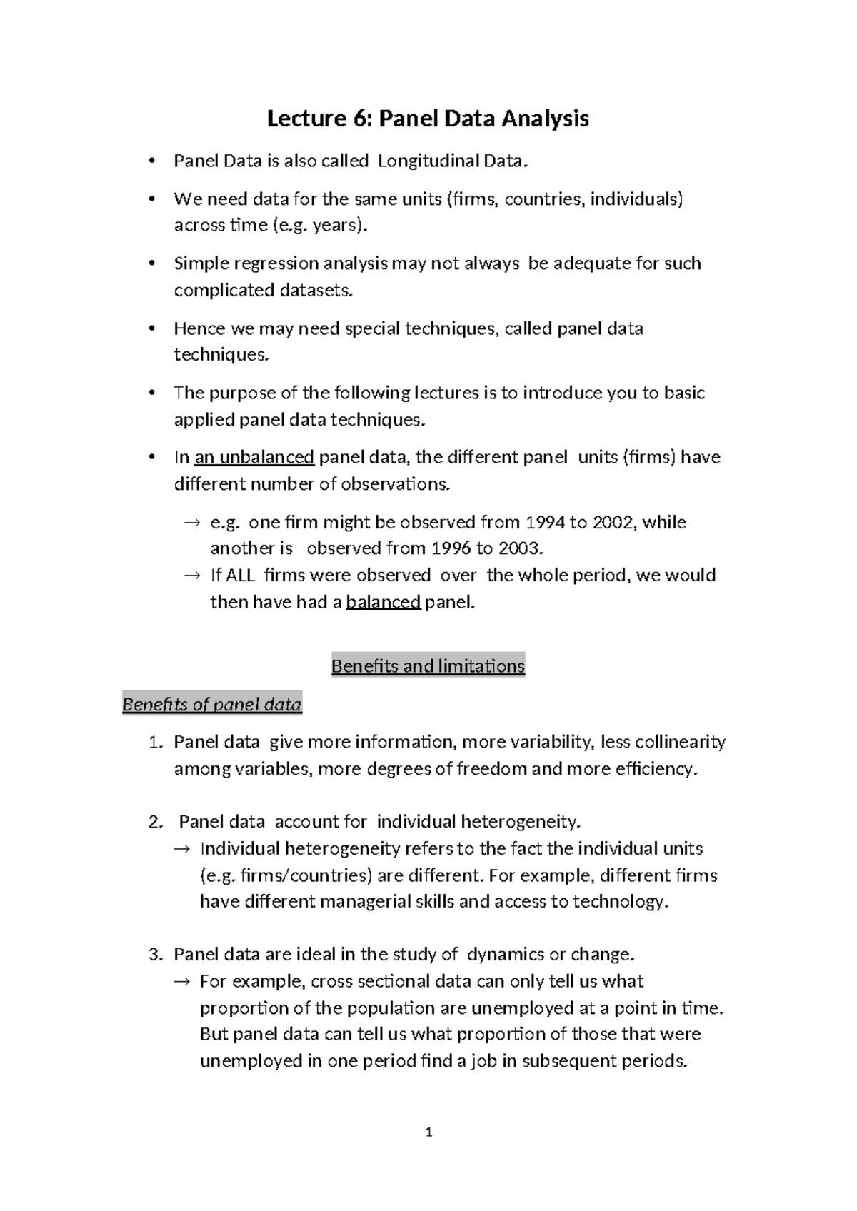 Lecture 6 Panel Data Analysis - Lecture 6: Panel Data Analysis Panel Data is also called - Studocu