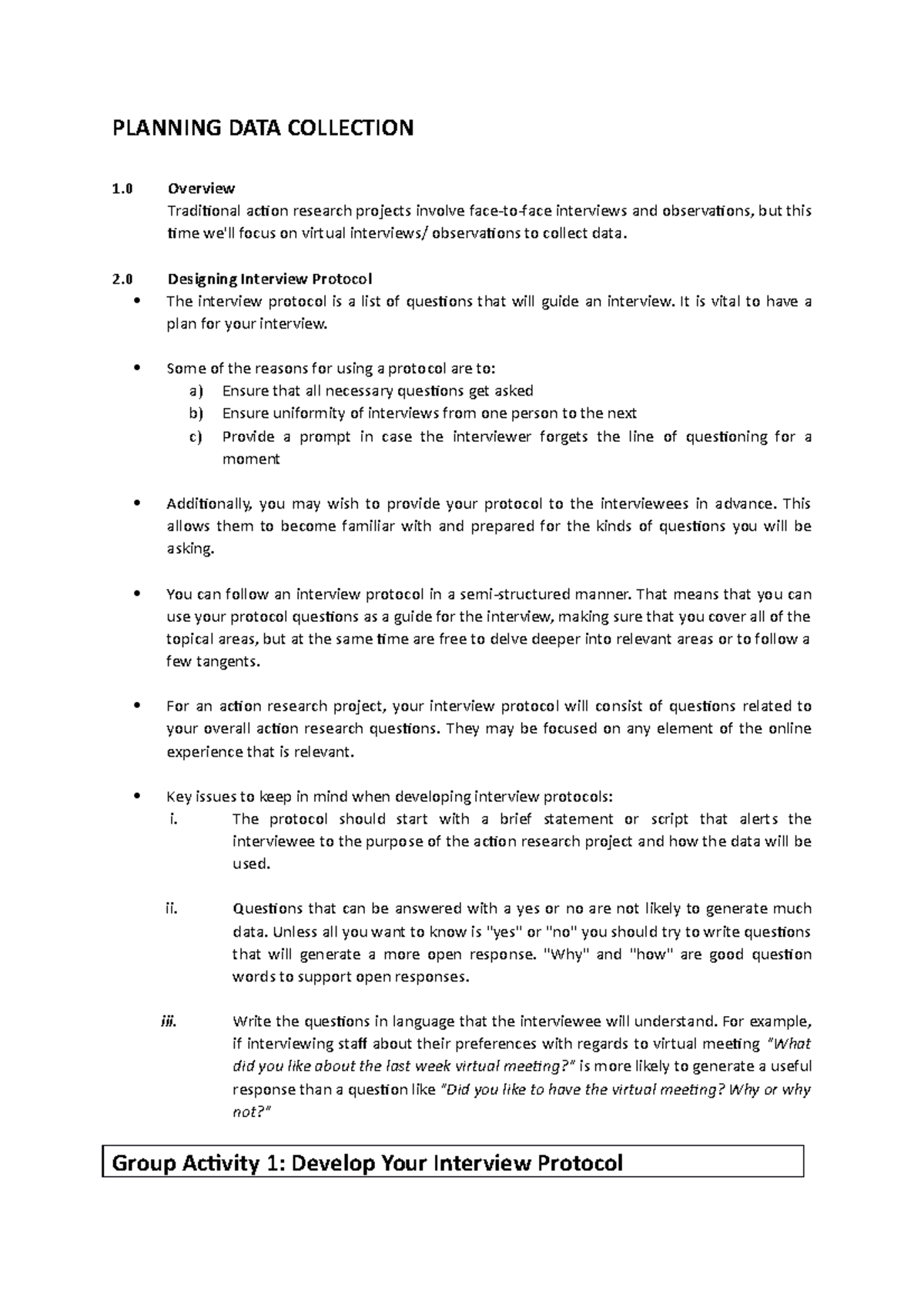 M1 2 Planning Data Collection - PLANNING DATA COLLECTION 1 Overview ...