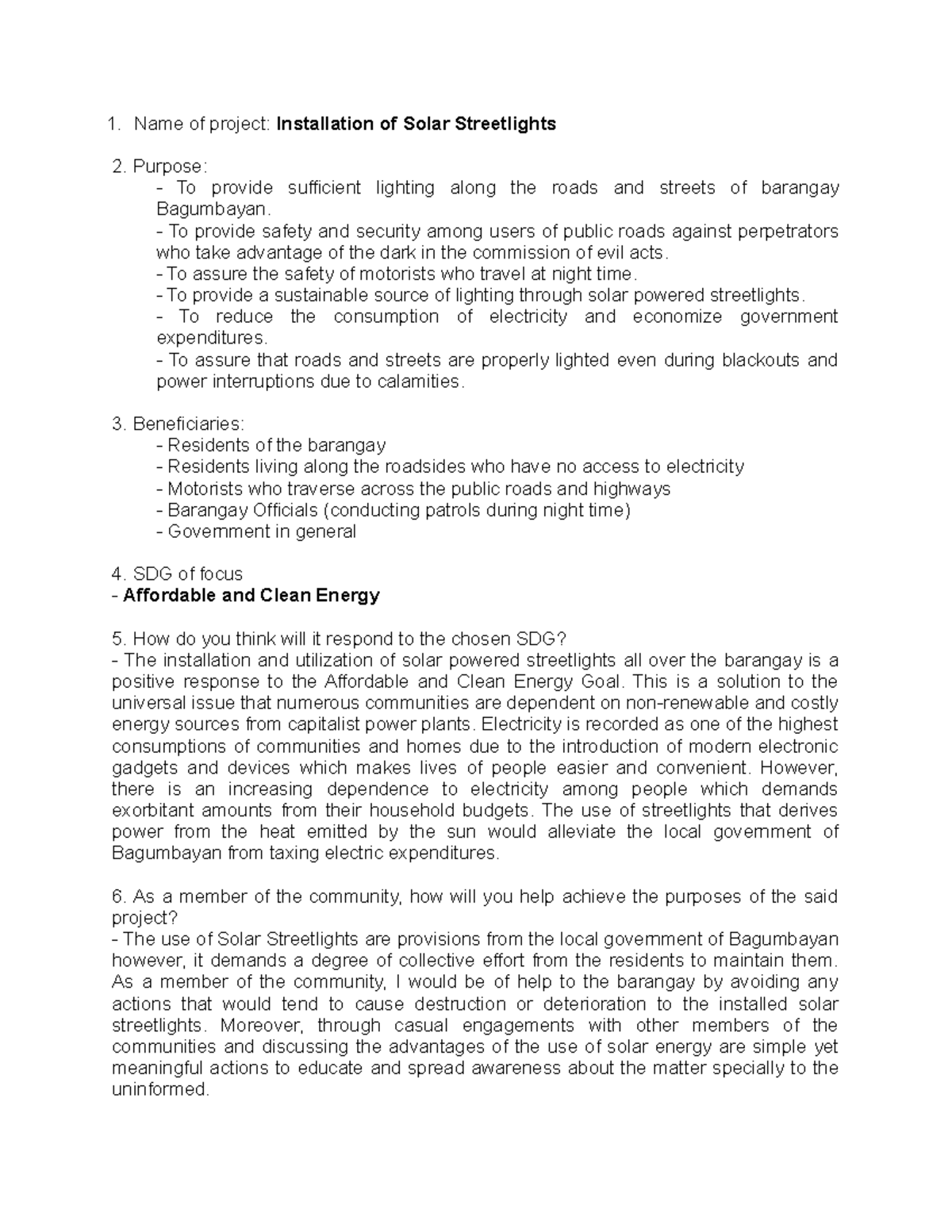 Solar Streetlights - Purpose: - To provide sufficient lighting along ...