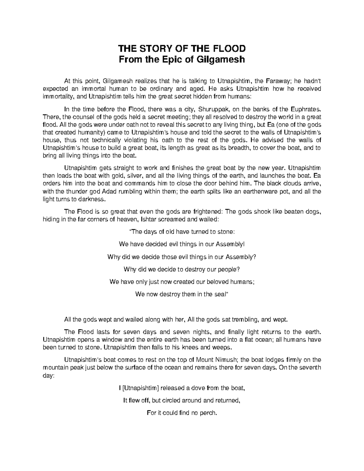 THE EPIC OF Gilgamesh - Abs - THE STORY OF THE FLOOD From the Epic of ...