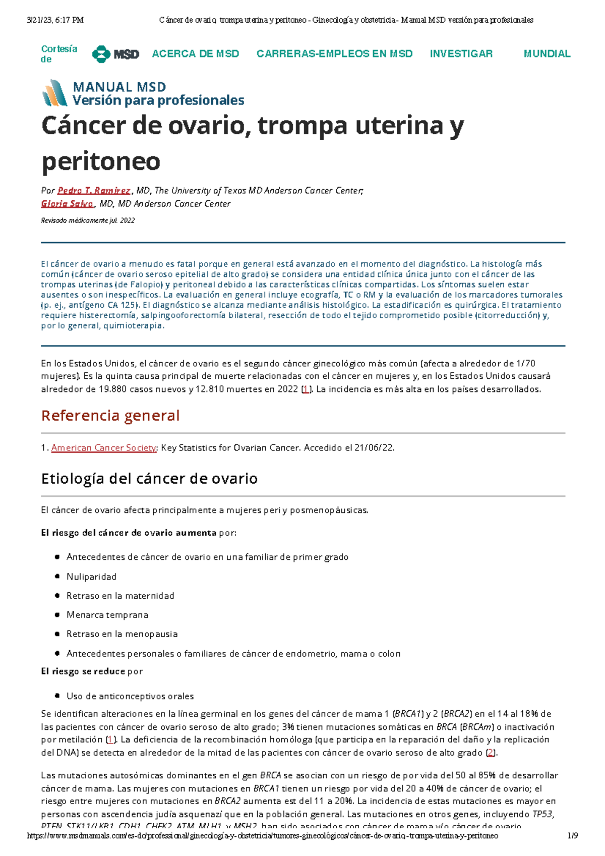 Cáncer de ovario, trompa uterina y peritoneo - Ginecología y ...