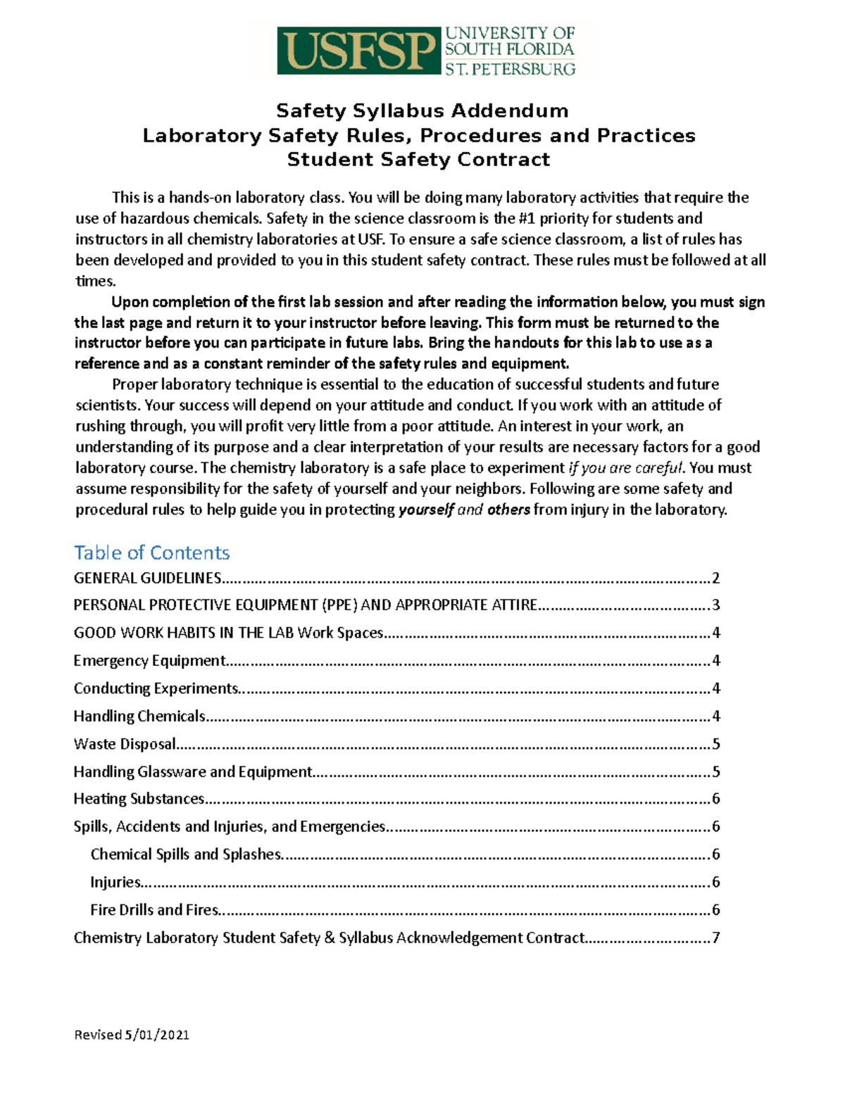 2021 Usfsp Syllabus and Safety Contract addendum Chemistry - Safety ...