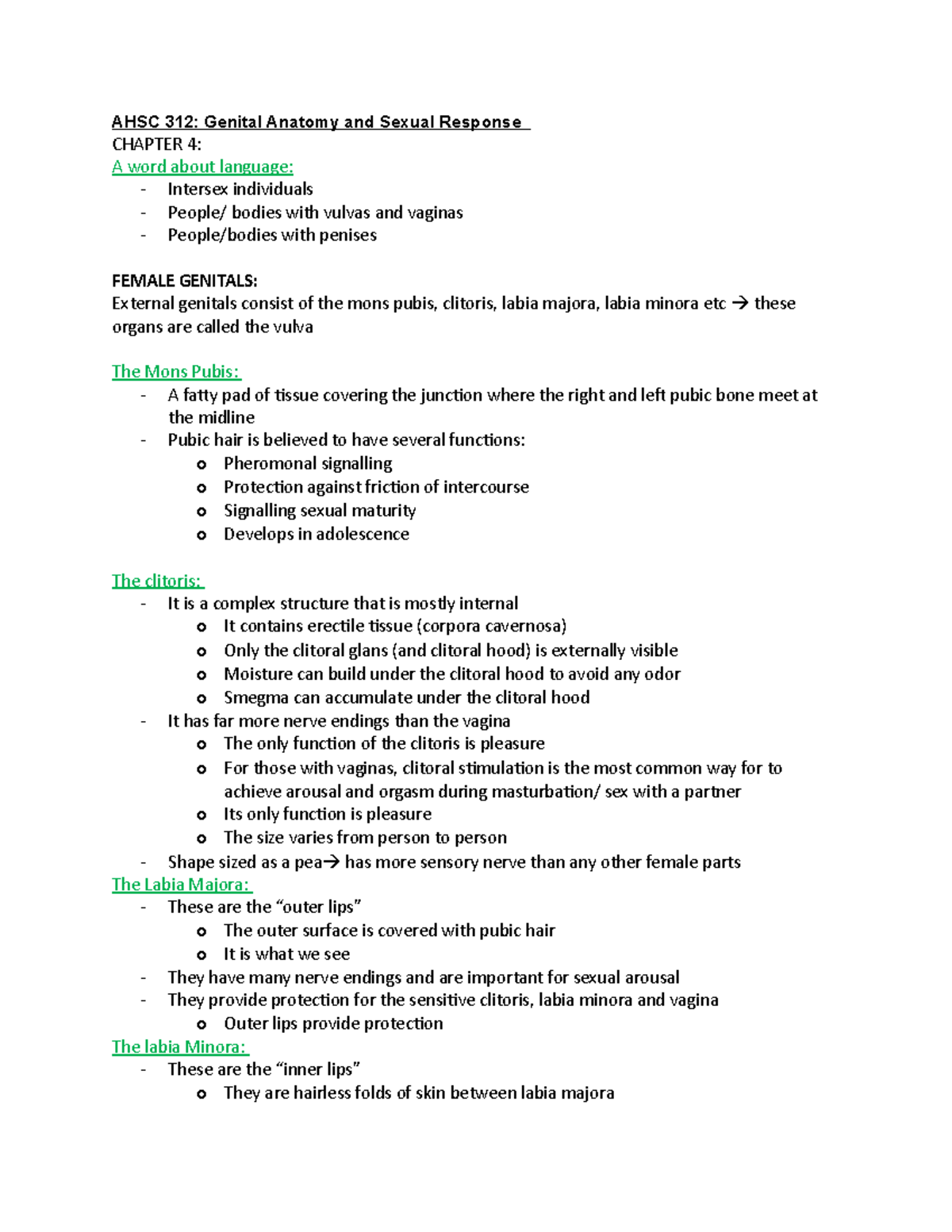 AHSC 312 - notes - AHSC 312: Genital Anatomy and Sexual Response ...