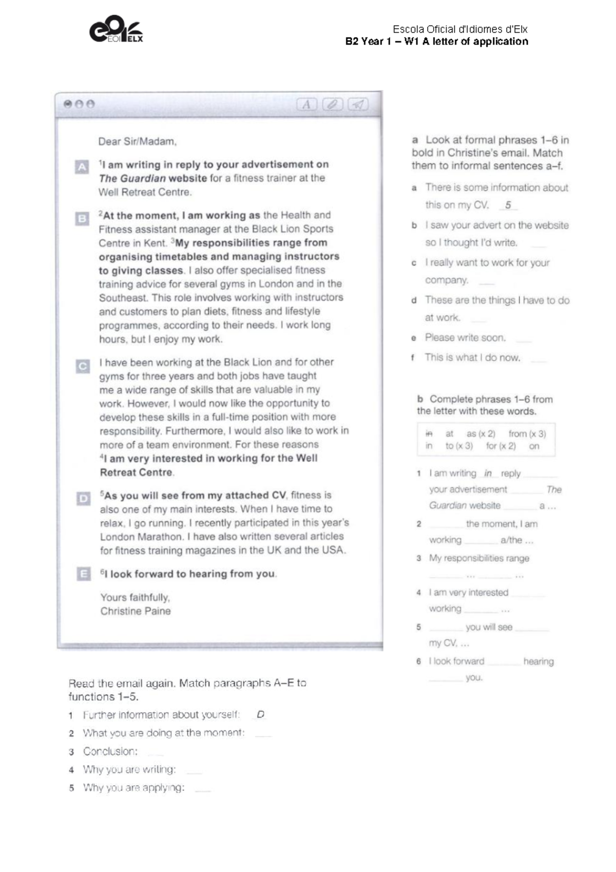 W1 - Letter of application (exercises) - Escola Oficial d’Idiomes d’Elx ...