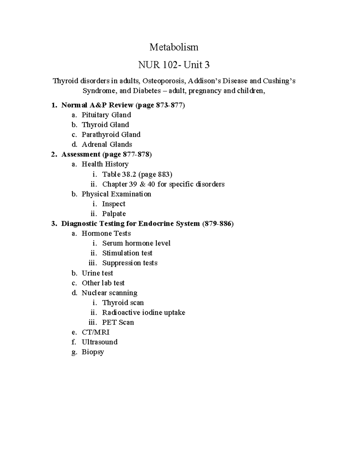 metabolism outline NUR 102 Unit 3 - Metabolism NUR 102- Unit 3 Thyroid ...