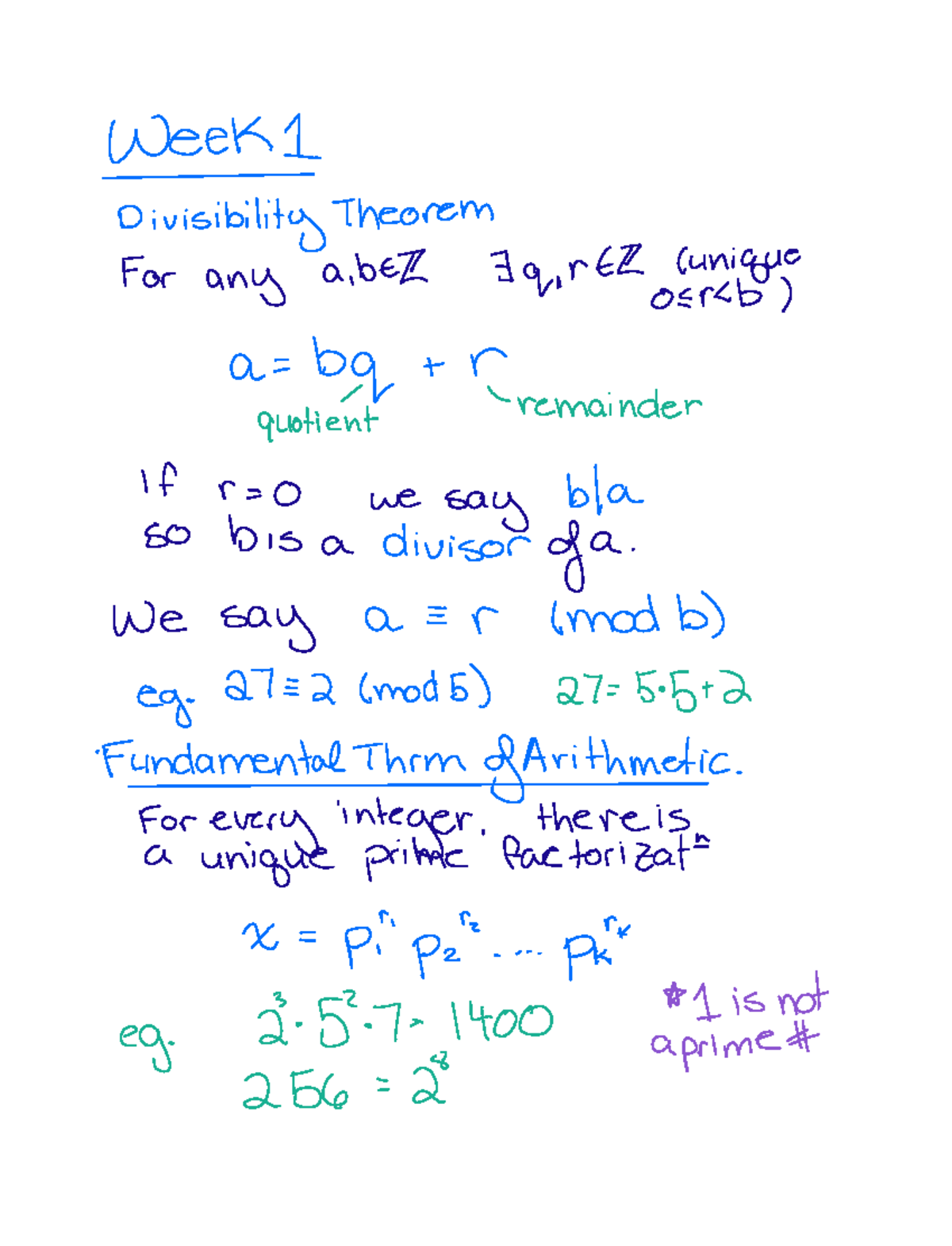 Week 1 Lecture Notes - Week 1 Divisibility Theorem For any a bet Iq rEZ ...