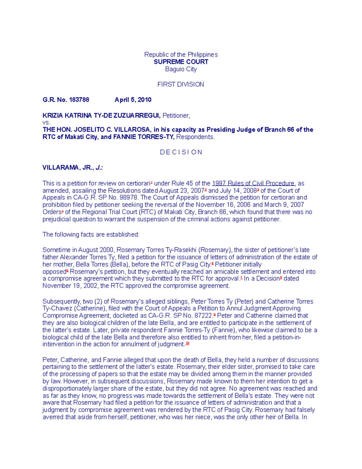 Ty-De Zuzuarregui v. Hon. Villarosa, G.R. No. 183788, April 5, 2010 ...
