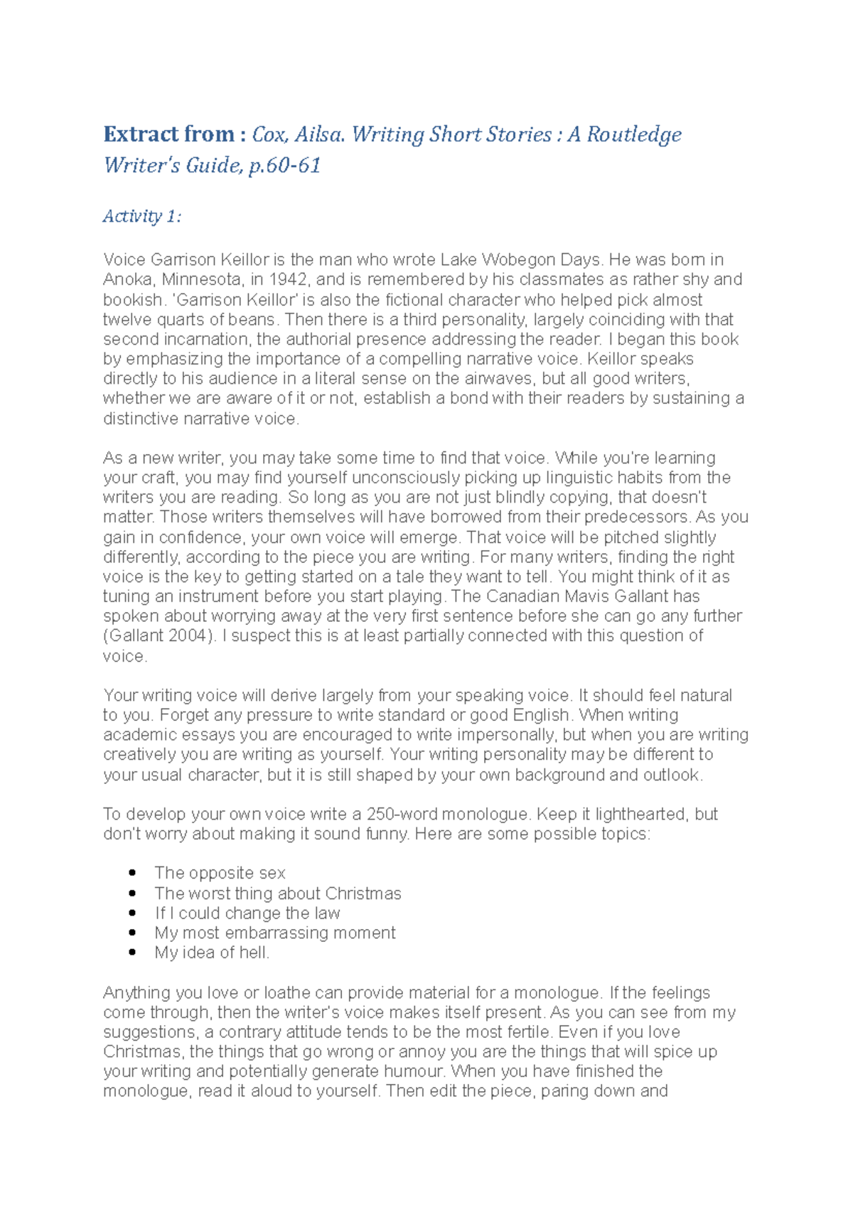 Extract from Ailsa Cox Writing Short Stories Voice Exercise handout ...